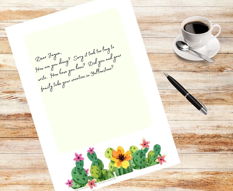 Cactus Printable Stationary Set With Envelope, Writing Paper, US Letter ...
