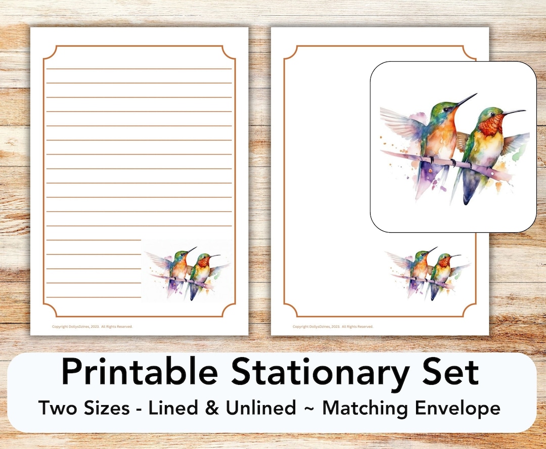 Hummingbird Printable Stationary Set With Envelope, Writing Paper, US ...