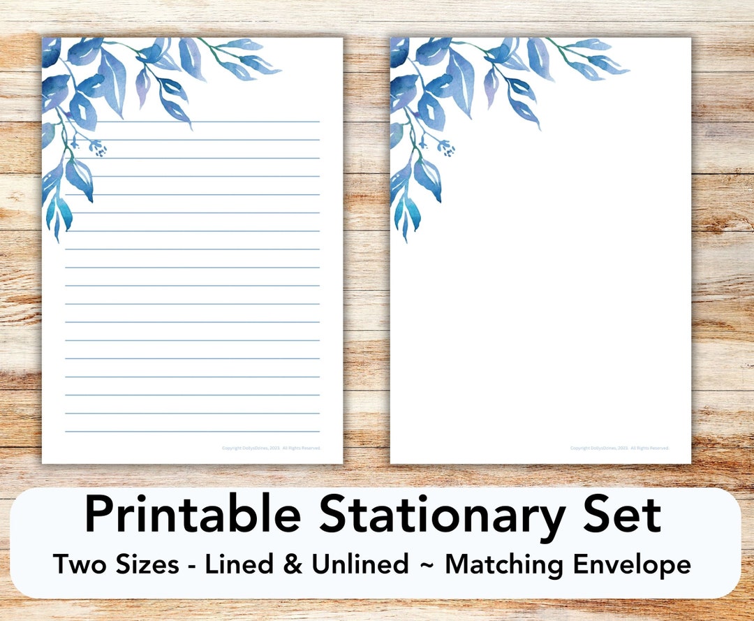 Blue Leaves Printable Stationery Set With Envelope, Writing Paper, US ...