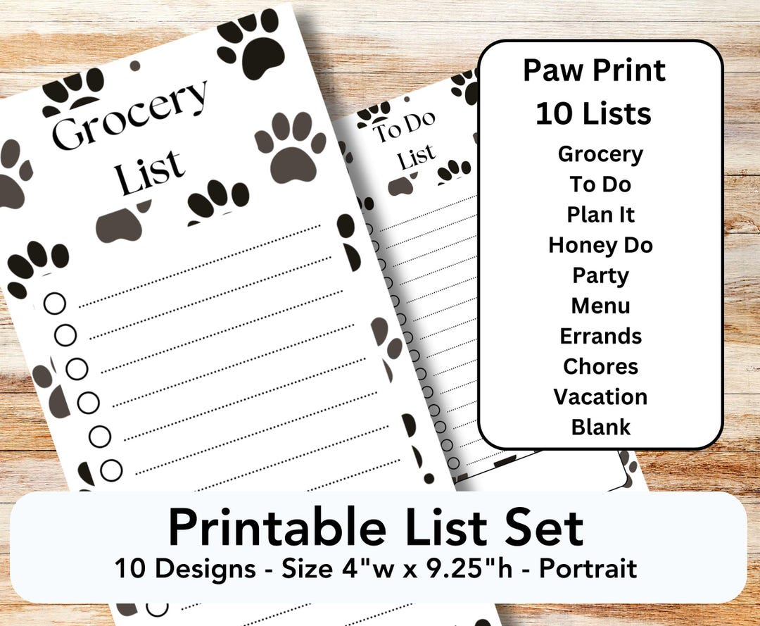Paw Prints PRINTABLE Lists, Grocery List, Shopping List, to Do List ...