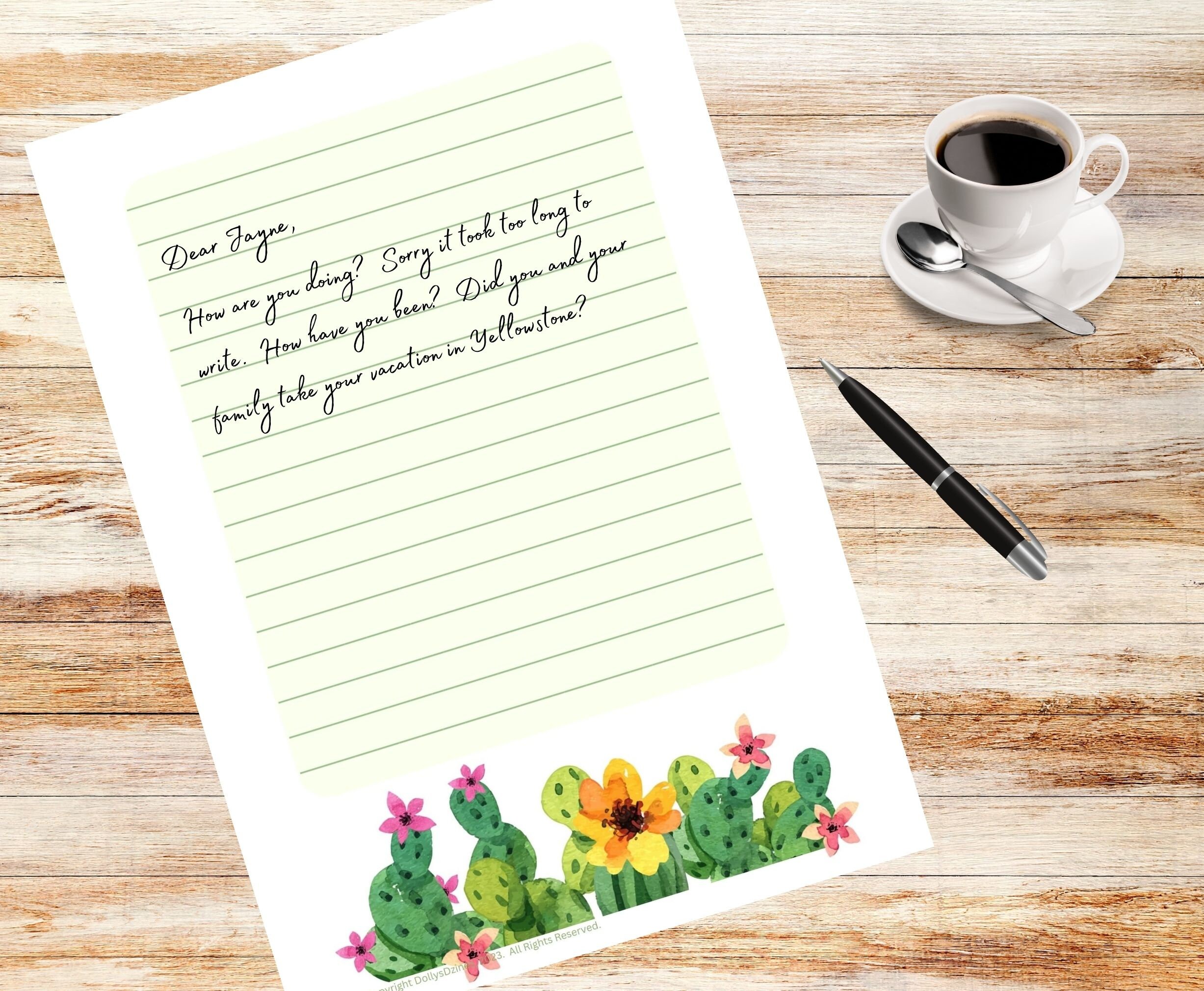 Cactus Printable Stationary Set With Envelope, Writing Paper, US Letter ...