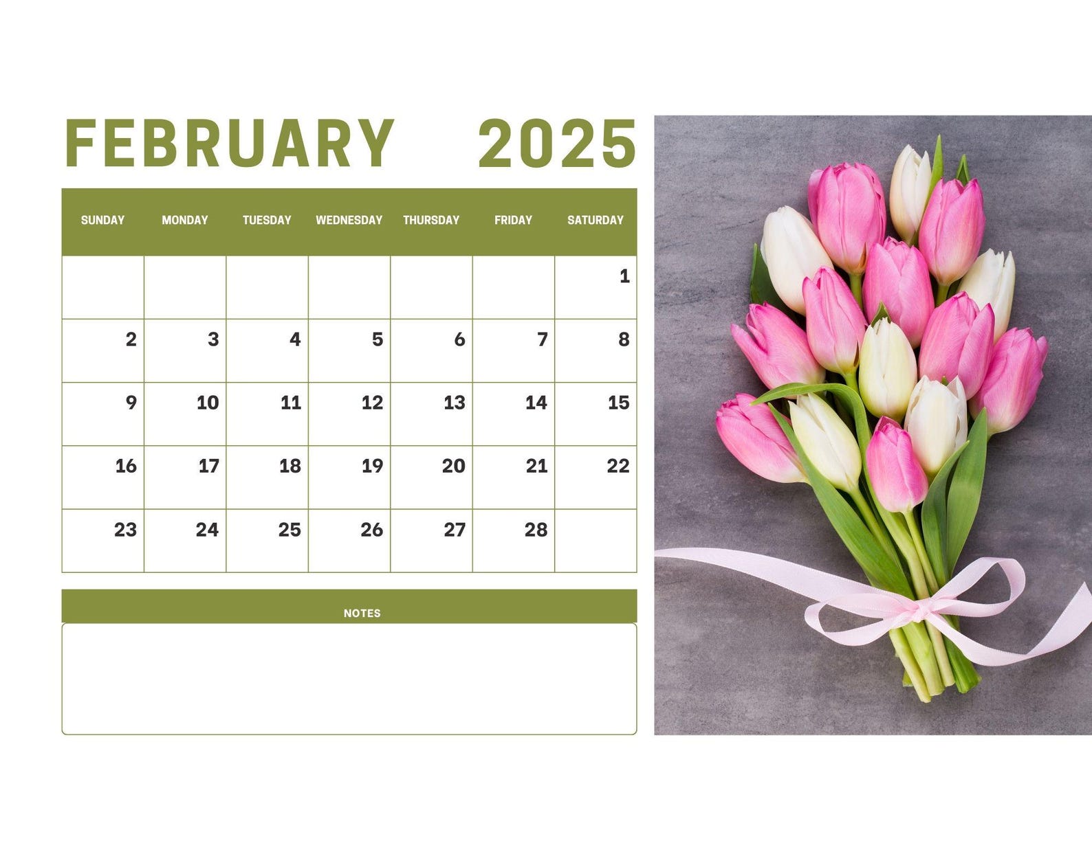 Tulips PRINTABLE Wall Calendar Monthly Desk Calendar Year Calendar ...