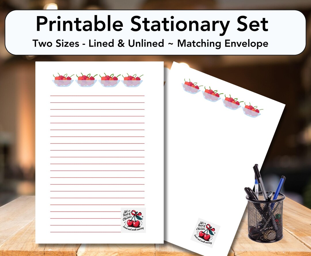 Cherry Bowl PRINTABLE Stationery Writing Paper Stationary Letter Lined ...