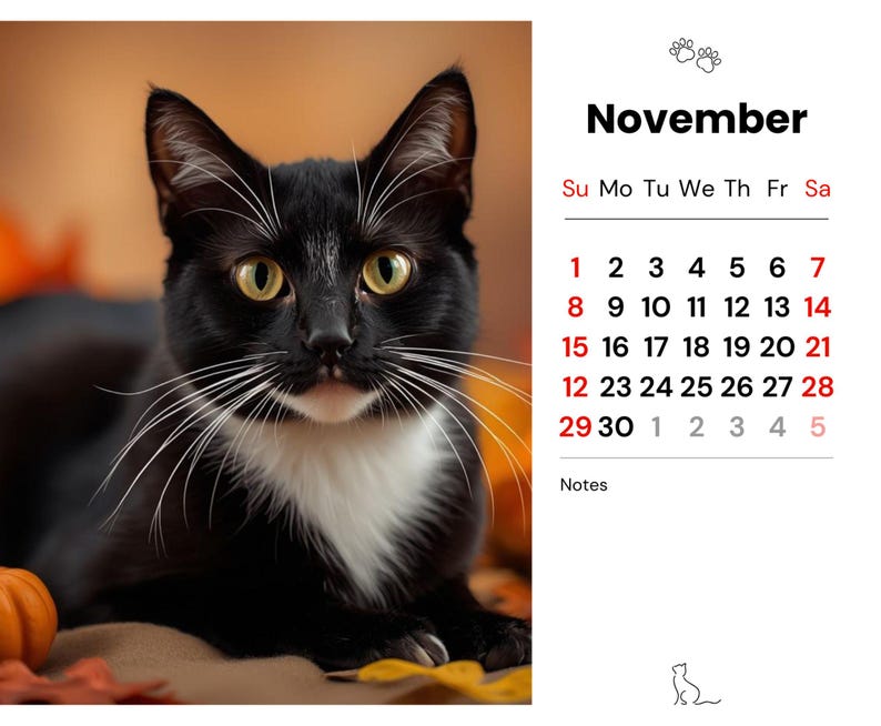 Tuxedo Cat Calendar 2026 PRINTABLE Kittens Feline Wall Calendar Desk ...