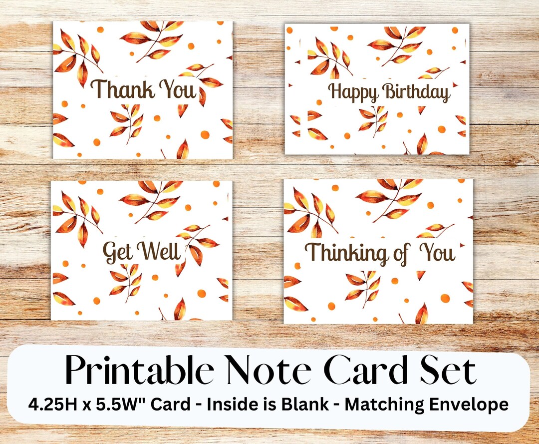 Autumn Leaves Printable Note Card Set With Envelope, Thank You, Happy ...