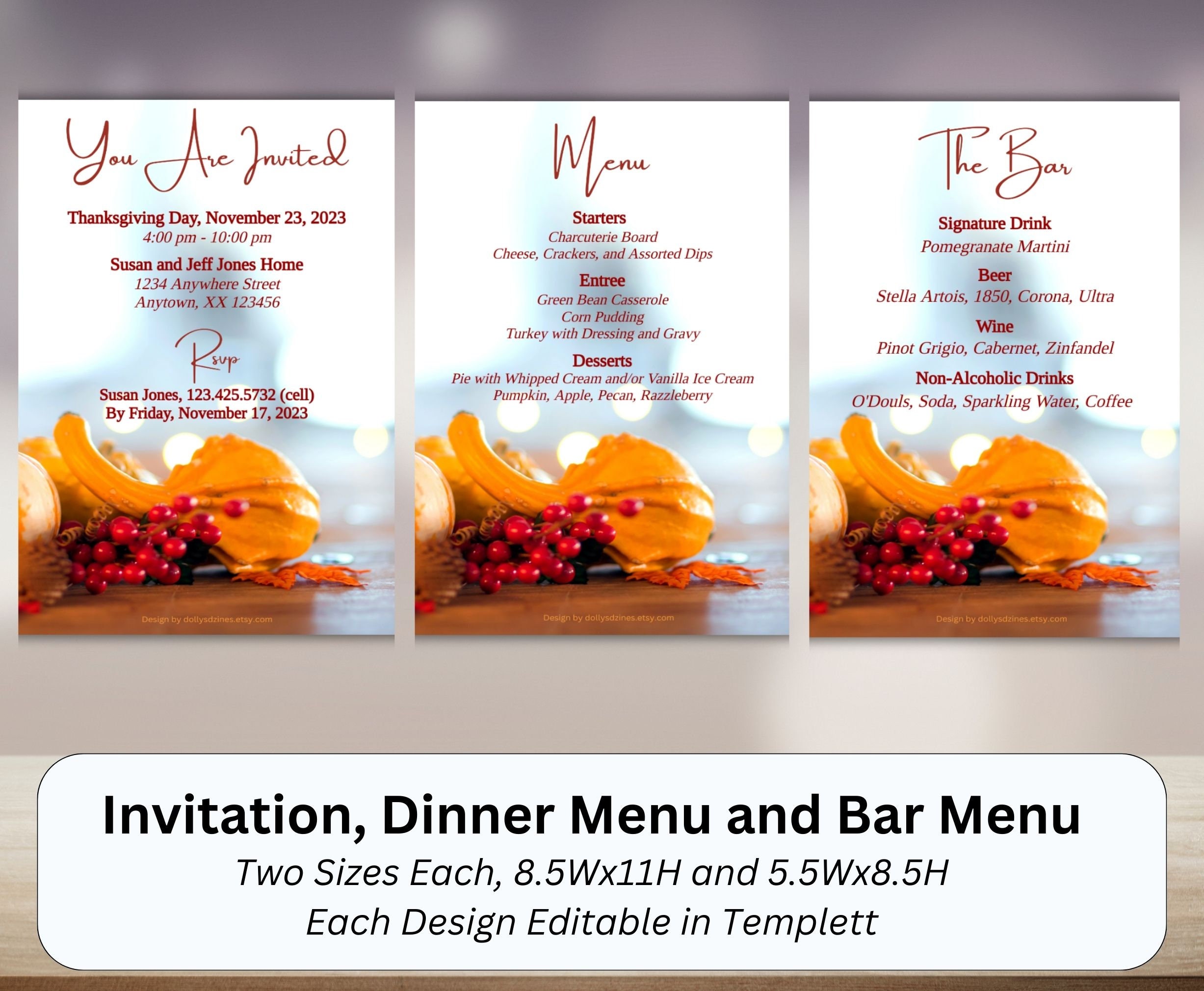 Thanksgiving Dinner Party Invitation, Dinner Menu, Bar or Drinks Menu ...