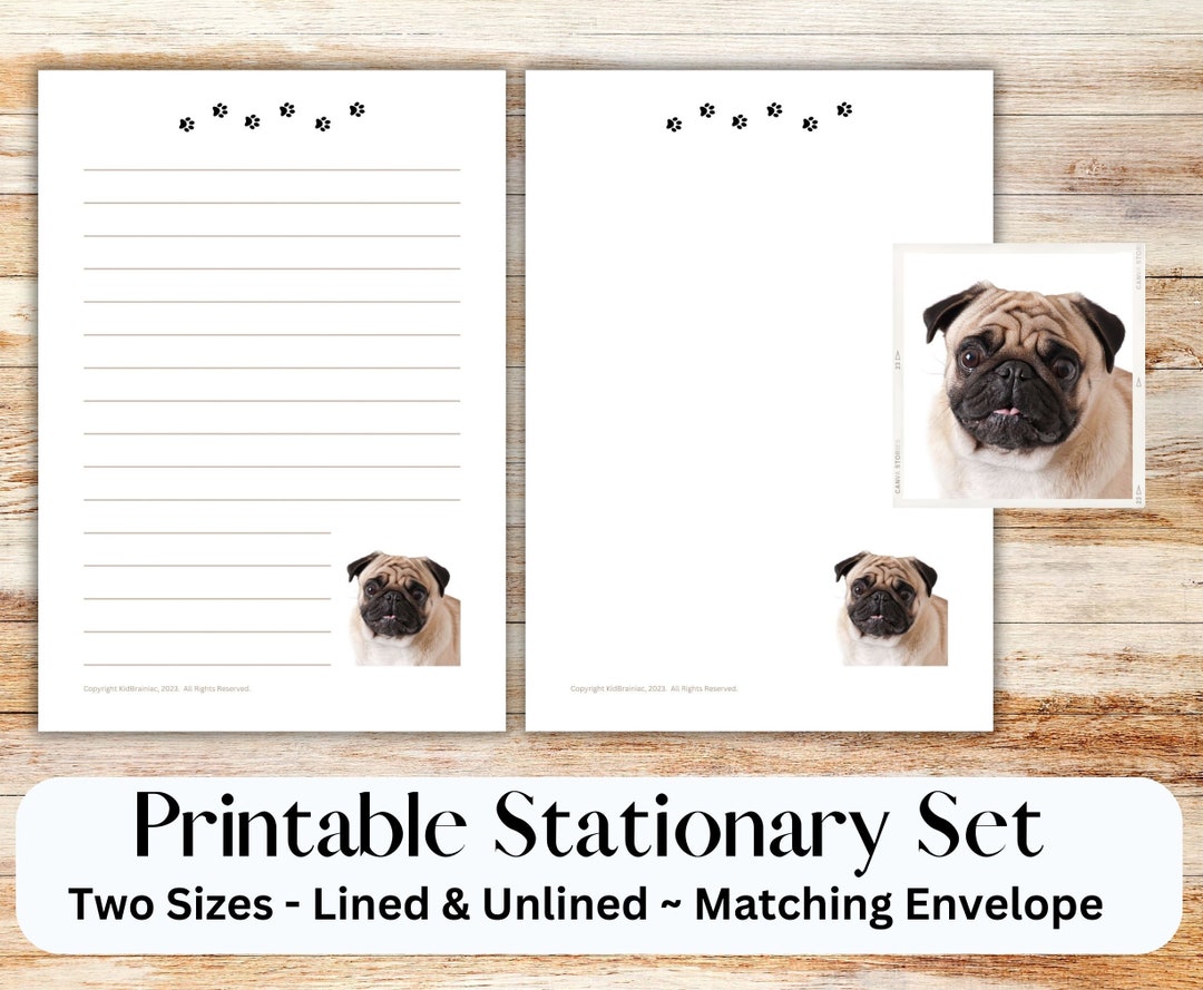 Pug Printable Stationary Set With Envelope, Writing Paper, US Letter ...