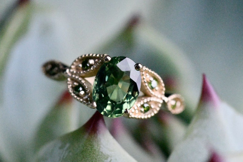 Beautiful Olive Green Sapphire and Green Diamond Solid 14k Gold Leaf ...