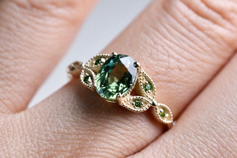 Beautiful Olive Green Sapphire and Green Diamond Solid 14k Gold Leaf ...