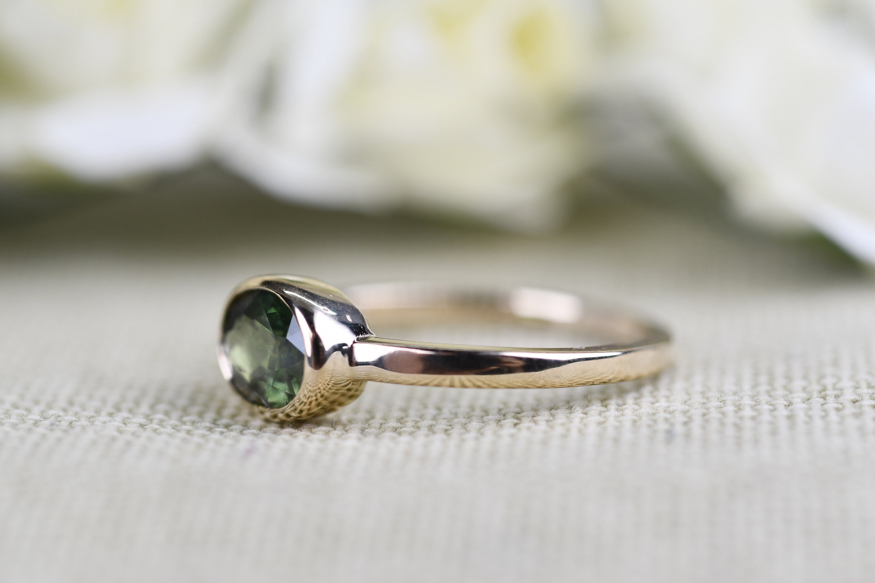 Art Deco Simple Bezel Set Green Blue Sapphire Solid 14k | Etsy