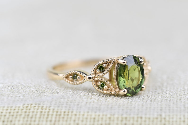 Beautiful Olive Green Sapphire and Green Diamond Solid 14k Gold Leaf ...