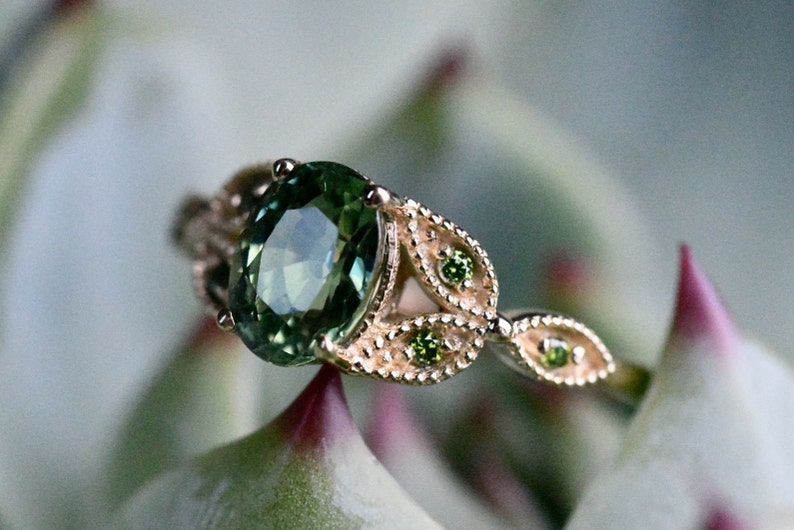 Beautiful Olive Green Sapphire and Green Diamond Solid 14k Gold Leaf ...