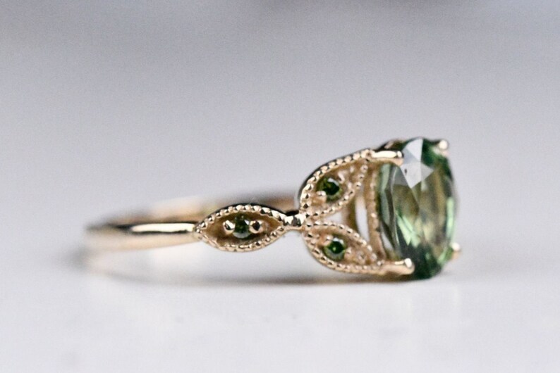 Beautiful Olive Green Sapphire and Green Diamond Solid 14k Gold Leaf ...