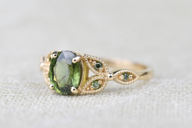 Beautiful Olive Green Sapphire and Green Diamond Solid 14k Gold Leaf ...