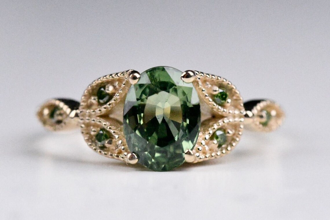 Beautiful Olive Green Sapphire and Green Diamond Solid 14k - Etsy