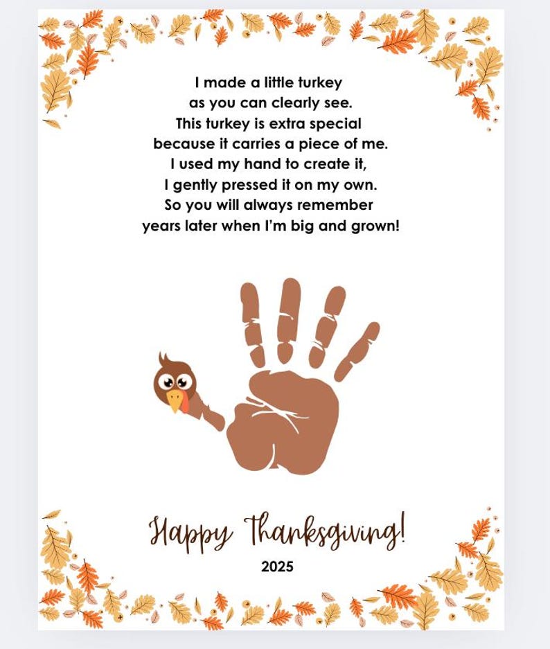 Thanksgiving Turkey Handprint 2025 Craft / Digital Printable Vertical ...