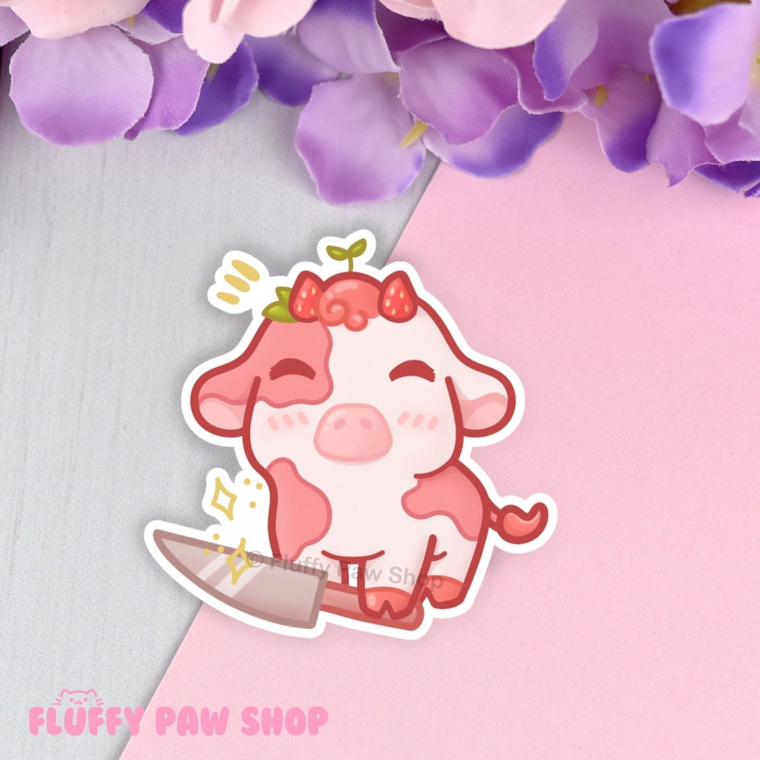 Strawberry Knife Cow Vinyl Sticker, Cute Cow Sticker, Fruit Cow Decal ...