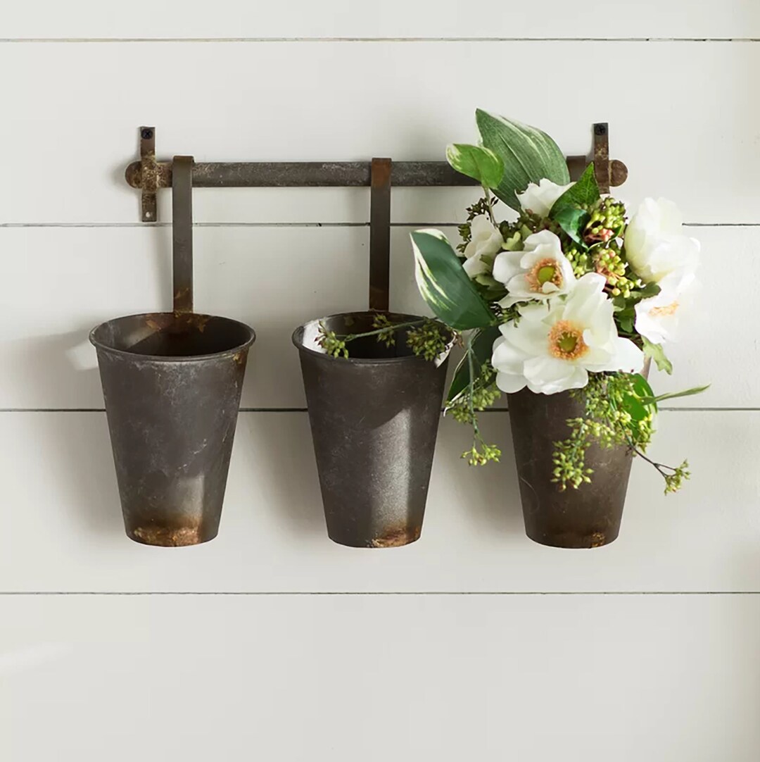 Rustic Farmhouse Distressed 3 Galvanized Tin Pot Hanging Planters Wall ...