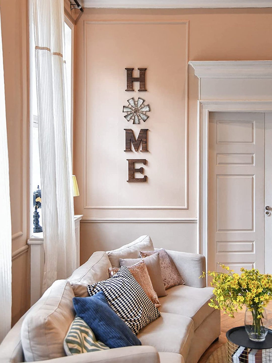 Rustic Charm: Wooden Farmhouse Home Sign With Metal Windmill Accent for Wall Decor in Living ...