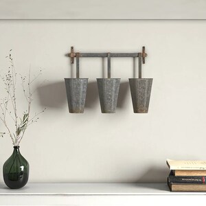 Rustic Farmhouse Distressed 3 Galvanized Tin Pot Hanging Planters Wall ...
