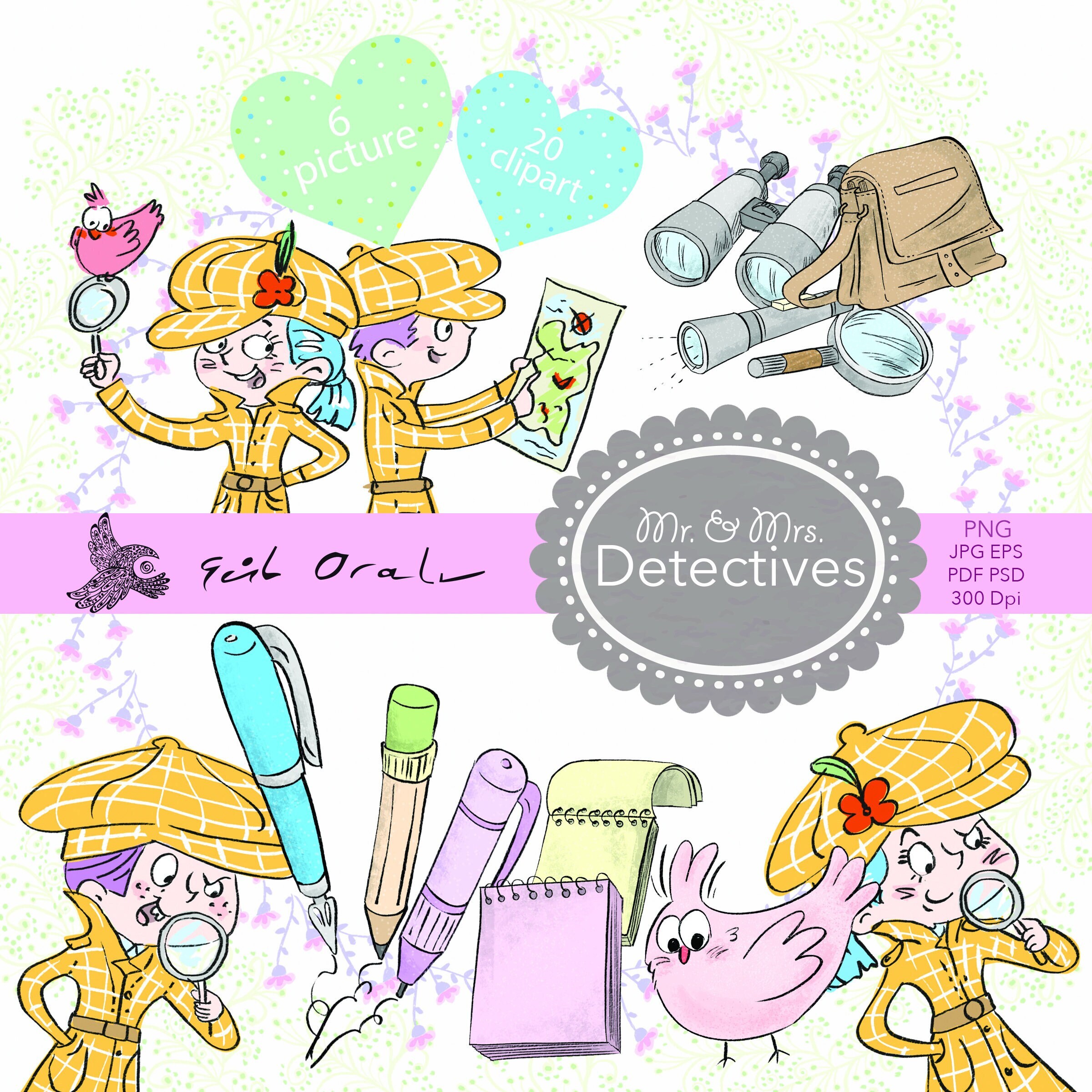 Detective Drawing, Nursery Print, Clipart, Yellow Wallpaper, Digital ...