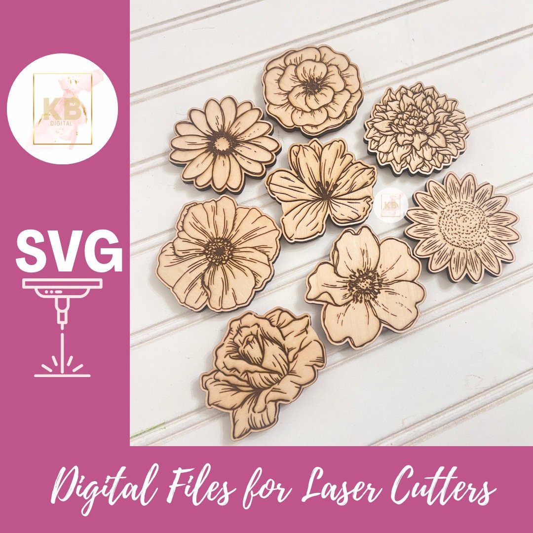 Flower Laser Cut Wood Engraved Magnet Set Digital SVG File Bundle Scrap ...