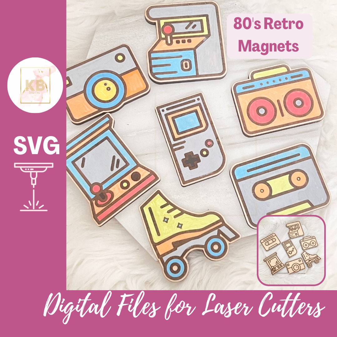 Retro 80's 90's Pop Culture Laser Cut Wood Engraved Magnet Set Digital ...