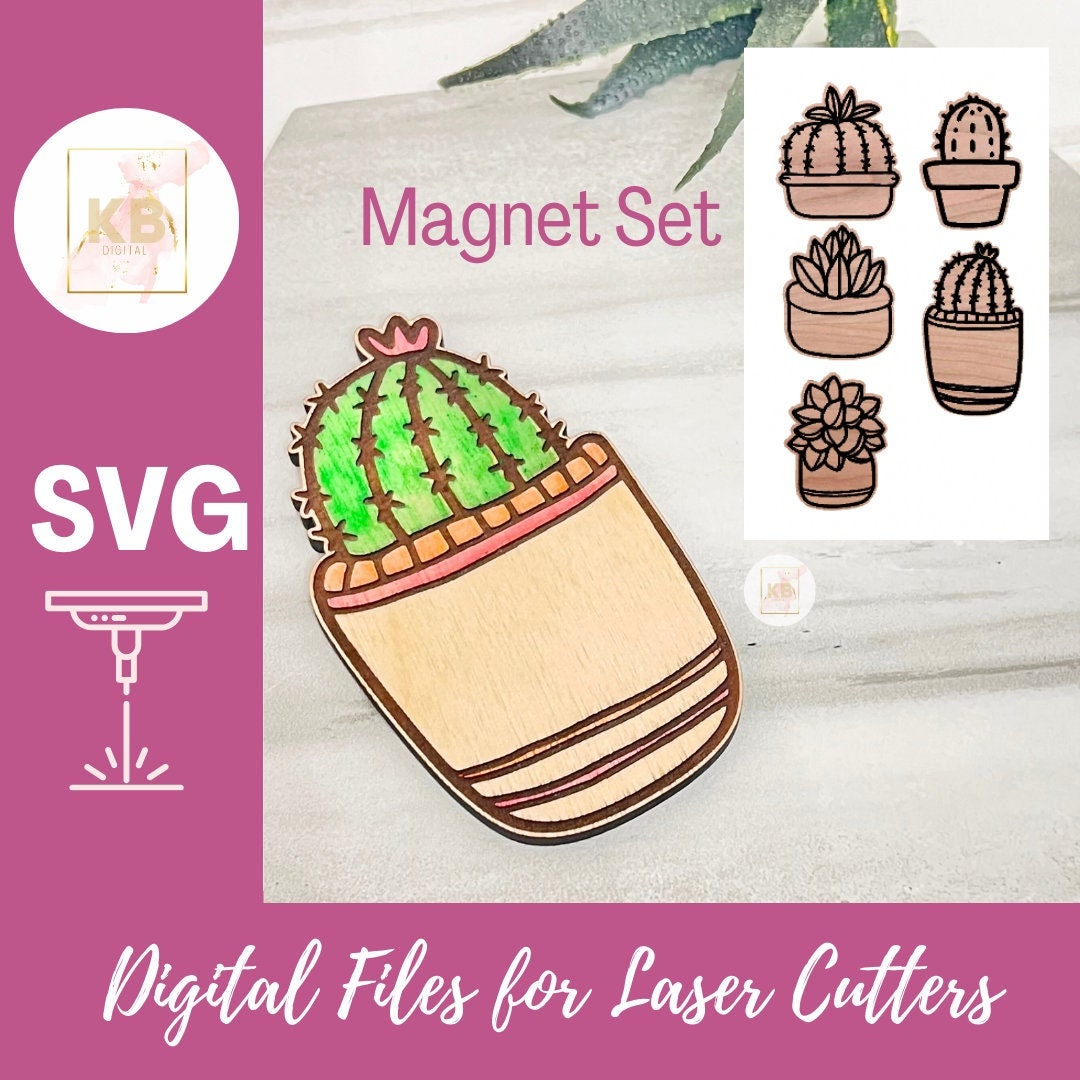 Cactus and Succulent Plant Laser Cut Wood Engraved Magnet Set Digital ...