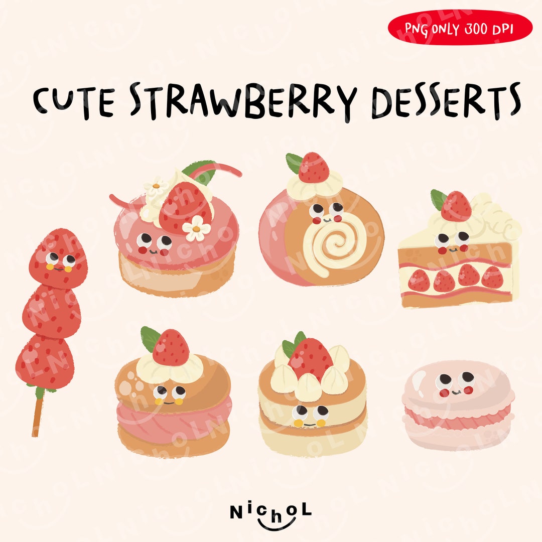 Kawaii Strawberry Dessert Clipart Bundle: PNG, Commercial Use Instant ...