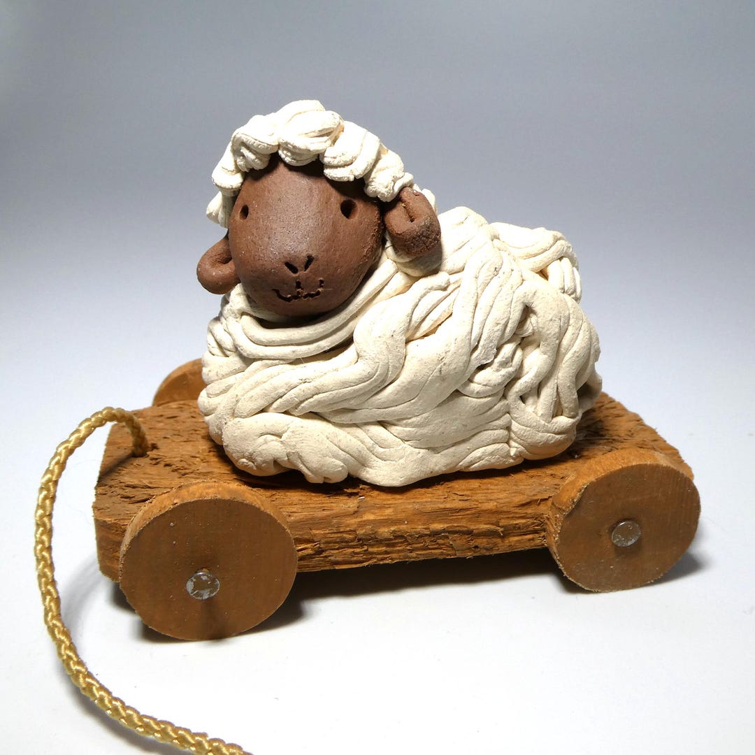Vintage Spaghetti-style Clay Sheep / Lamb Figurine on Rustic Wooden ...