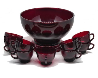 Vintage Anchor Hocking Ruby Red Glass Punch Bowl Set With 12 Hooks and ...