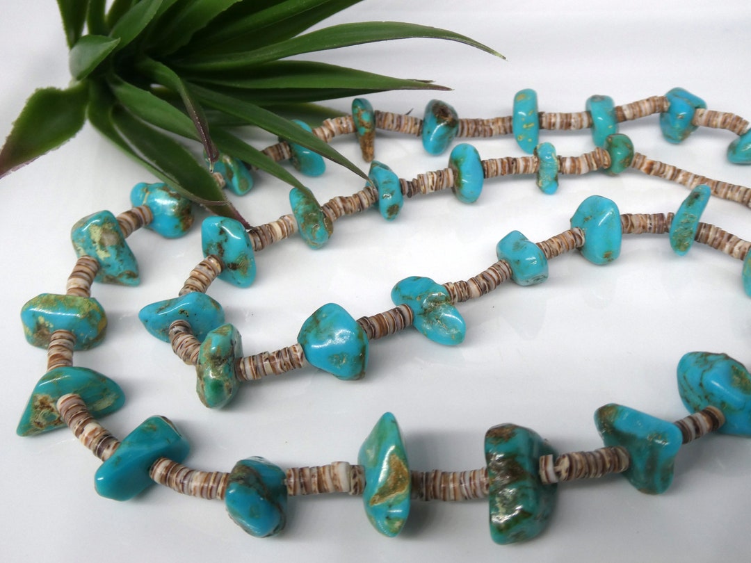 Vintage Turquoise Nugget and Shell Heishi 28” Necklace - Etsy