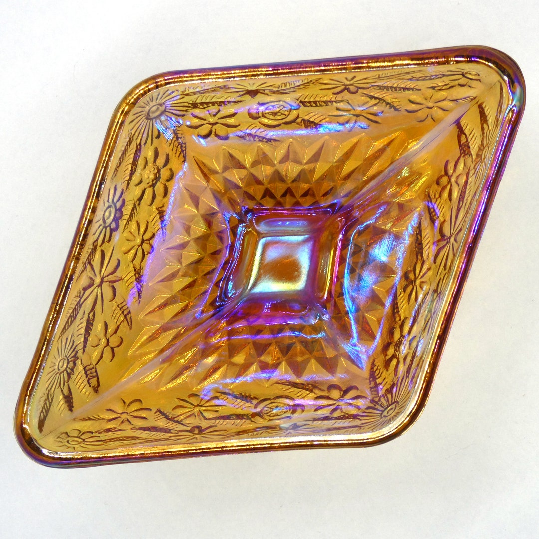 Vintage Pineapple and Floral Amber Carnival Glass Diamond-shaped Candy ...