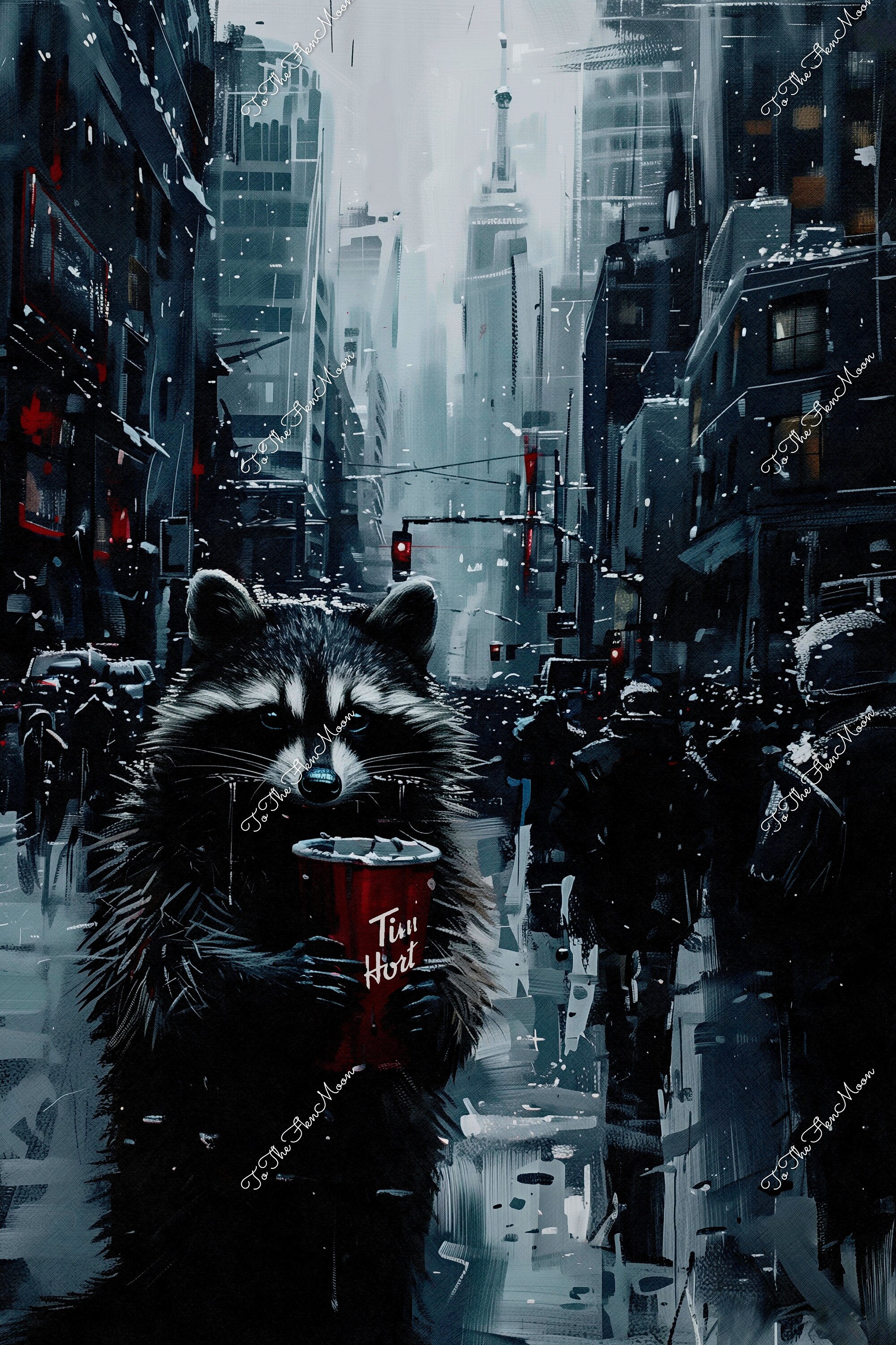 Toronto Raccoon Drinking Tim Hortons Coffee and King Streetcar. Canvas ...