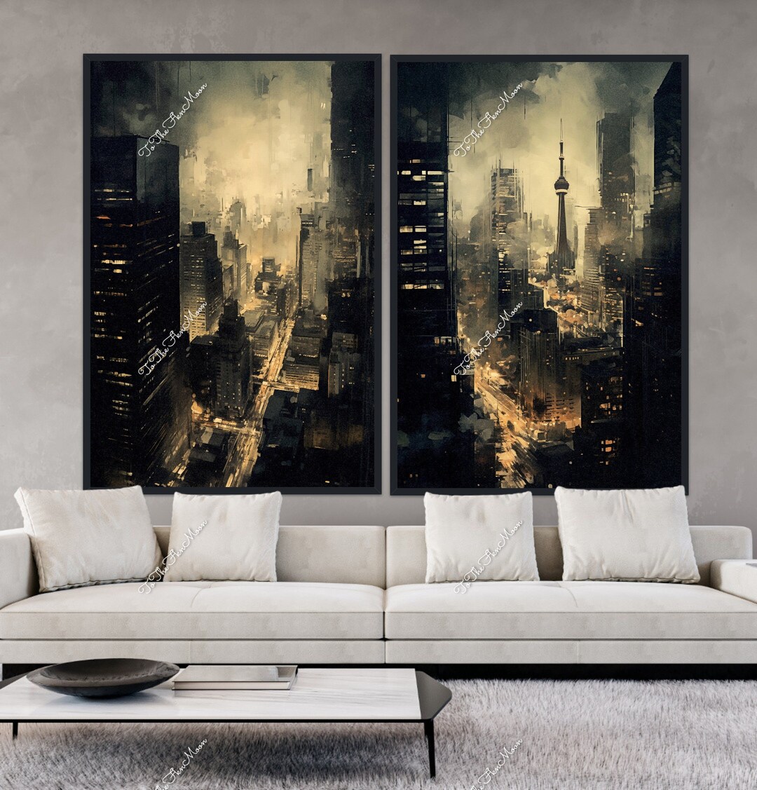 Toronto Downtown Core at Night, CN Tower, Cityscape Oil Painting Style ...