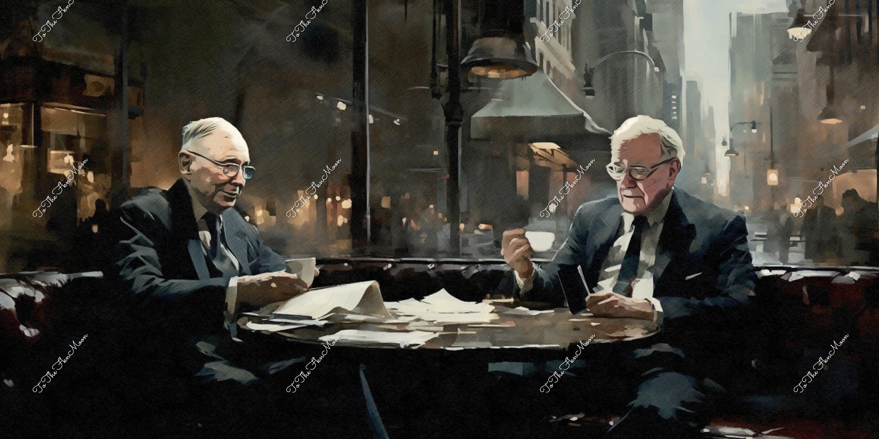 Painting of Warren Buffett and Charlie Munger in a European Cafe Canvas ...