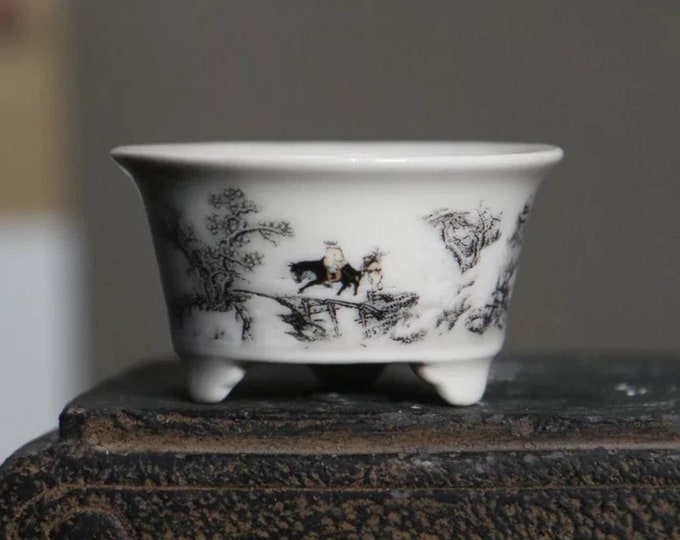 Mini Round Bonsai Pots Yixing Glazed Pottery Pots Hand-painted Figures ...