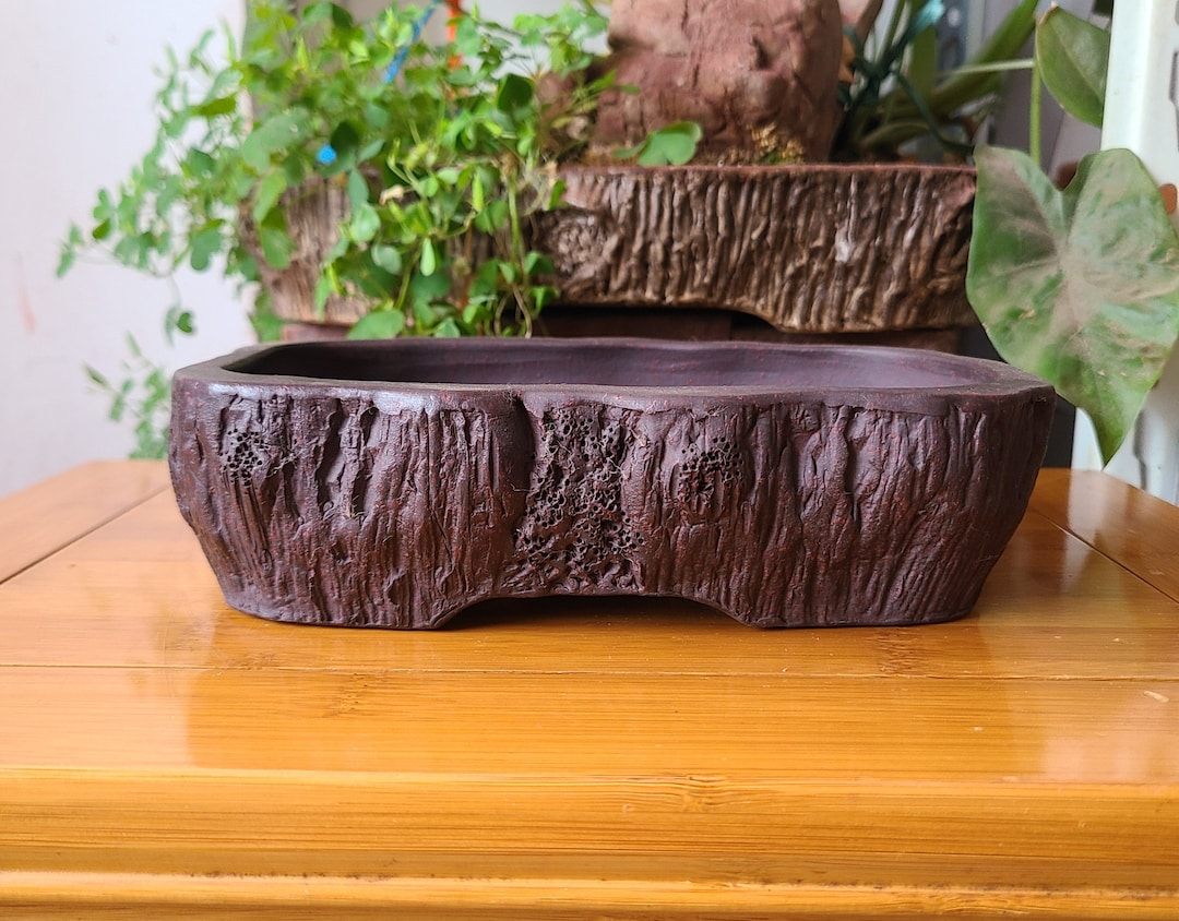 Handmade Rectangular Shallow Bonsai Pot Imitating Bark Shape Special ...