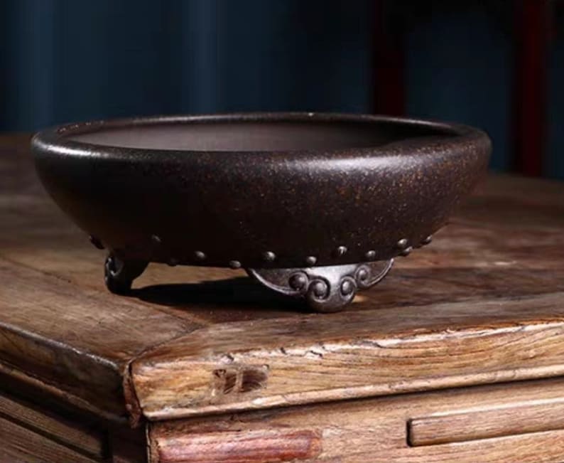 8.2 Inch Round Three-legged Rivet Cloud-foot Bonsai Pot Yixing Purple ...