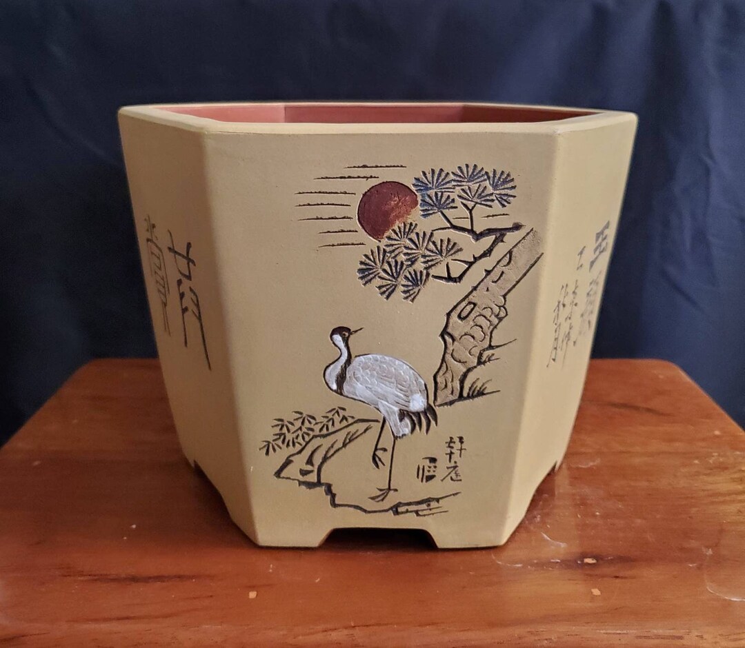 Handmade Hexagonal Bonsai Pot Yixing Purple Sand Flower Pot Hand-carved ...