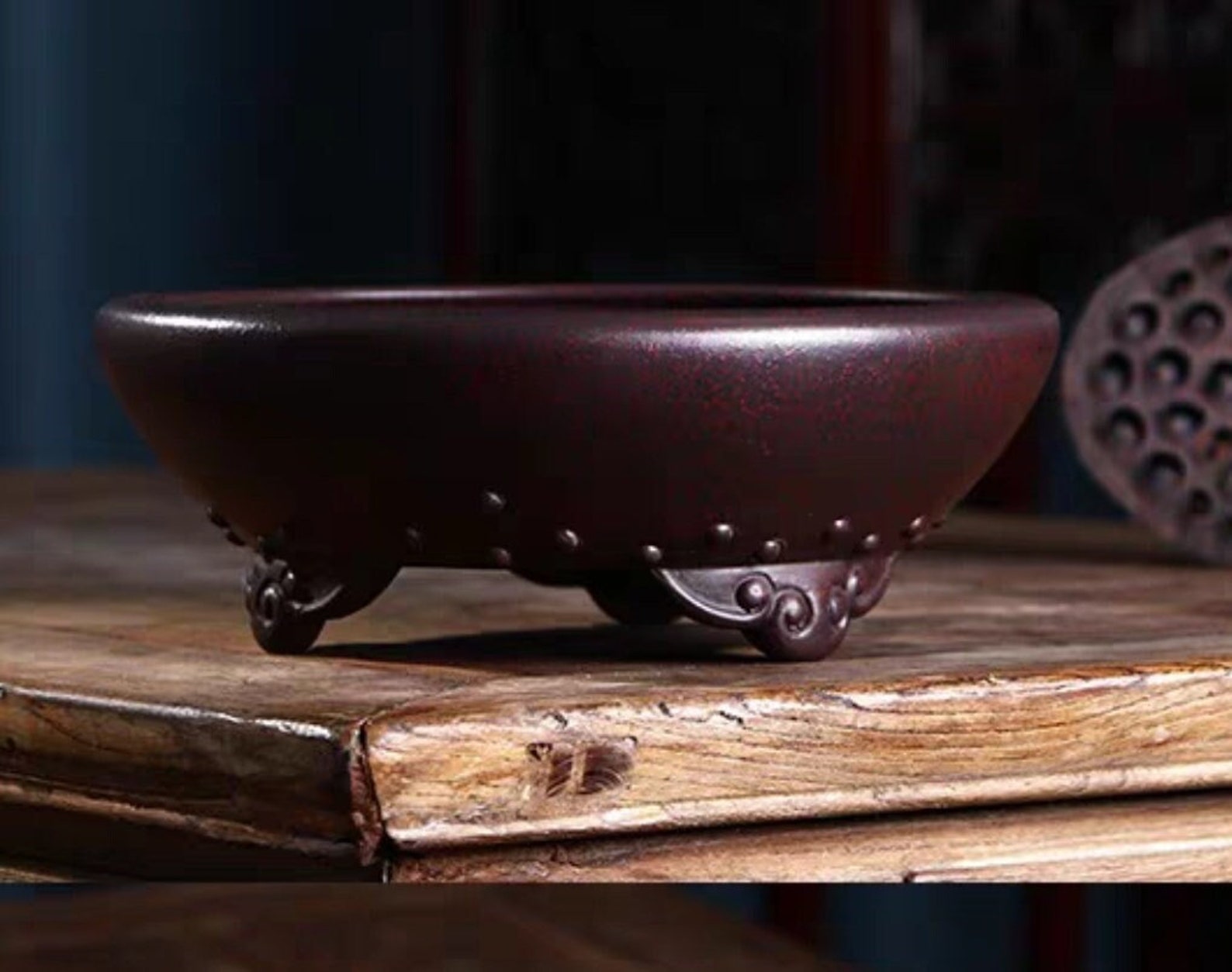 8.2 Inch Round Three-legged Rivet Cloud-foot Bonsai Pot Yixing Purple ...