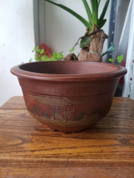 Handmade square retro mud painting shallow bonsai pot Yixing purple ...