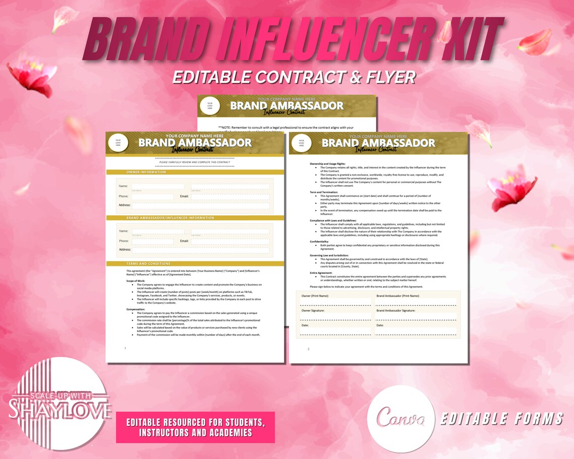 Gold Brand Ambassador Forms Brand Influencer Contract Brand - Etsy