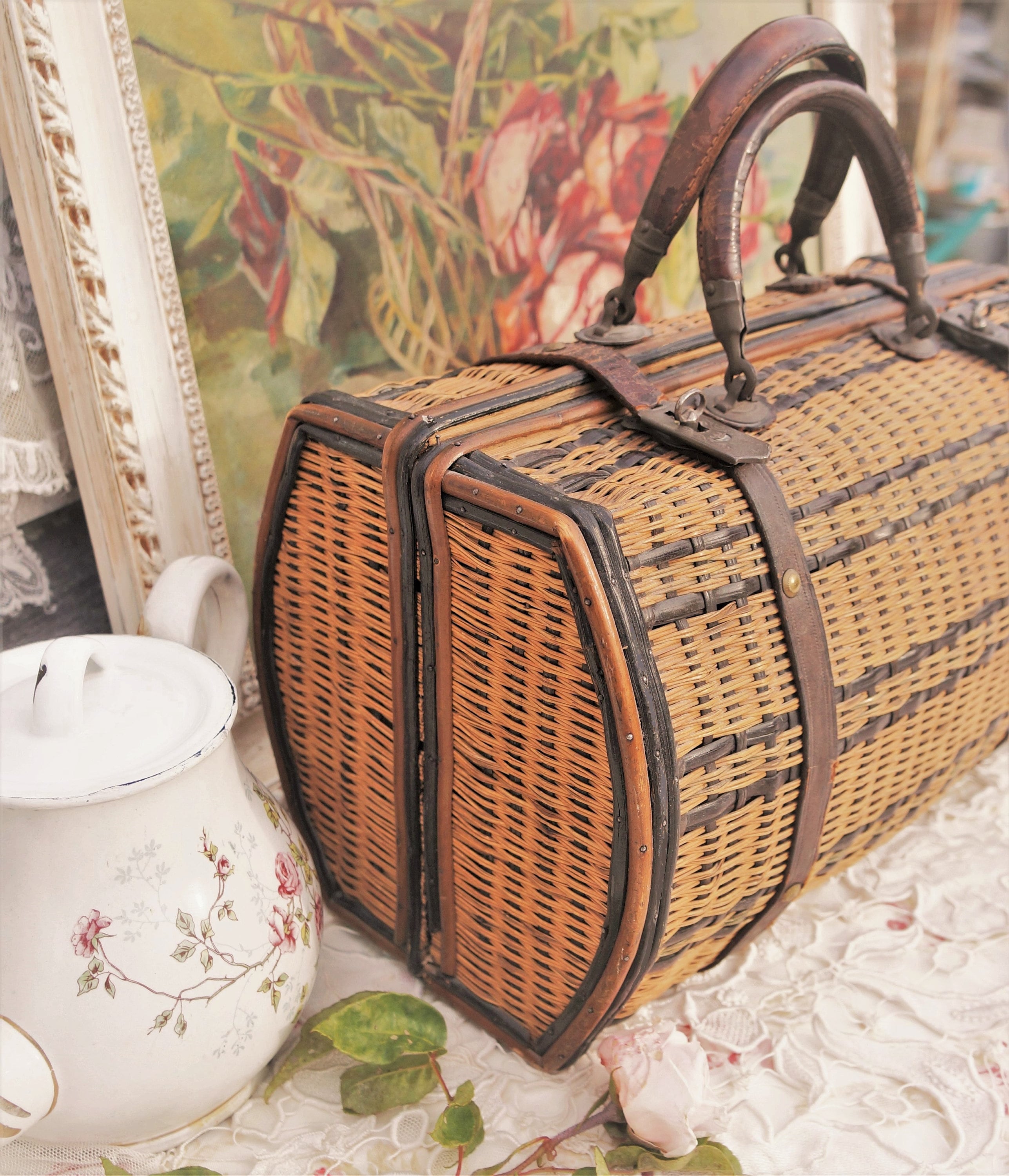 RARE Antique French Basket, Woven Wicker, Chiseled Clasp, Leather Strap ...
