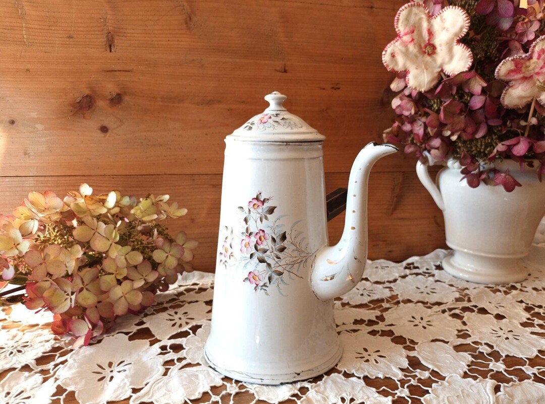 Antique Chocolate Pot Enameled Iron BB French Brothers 1880s Wooden ...