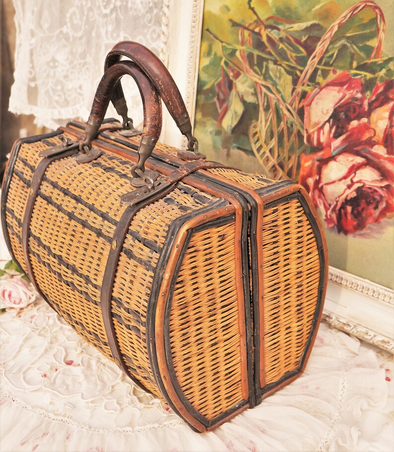 RARE Antique French Basket, Woven Wicker, Chiseled Clasp, Leather Strap ...