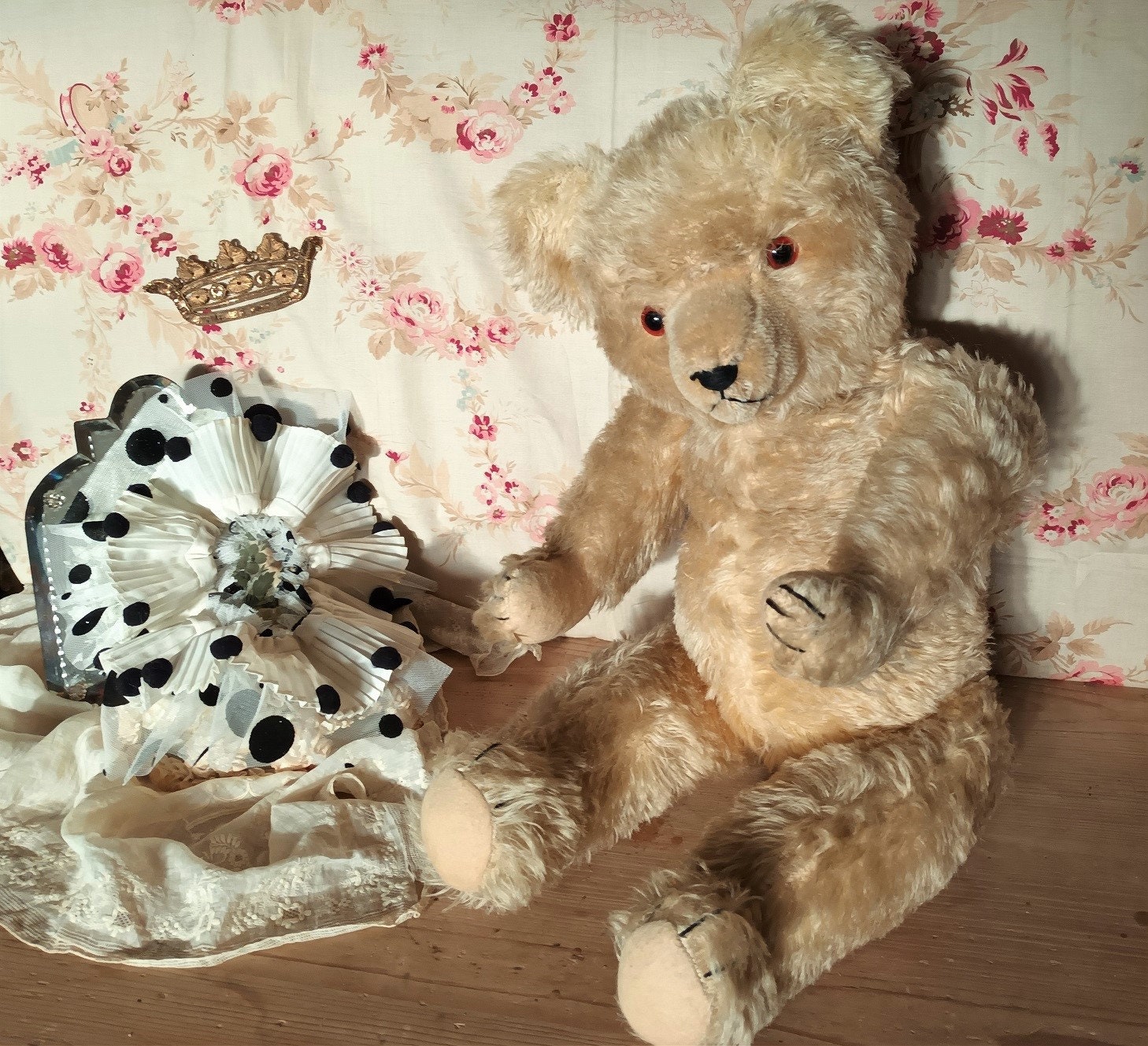 Antique Pierrot Teddy Bear Old White Tulle Collar/plush in Long Mohair ...