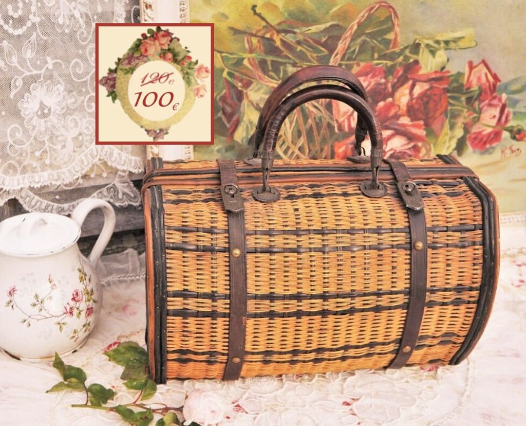 RARE Antique French Basket, Woven Wicker, Chiseled Clasp, Leather Strap ...