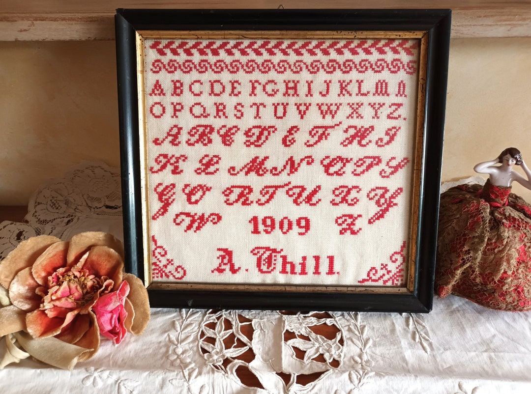 Authentic Antique French Sampler 1909, Embroidered ABC Alphabet, Red ...
