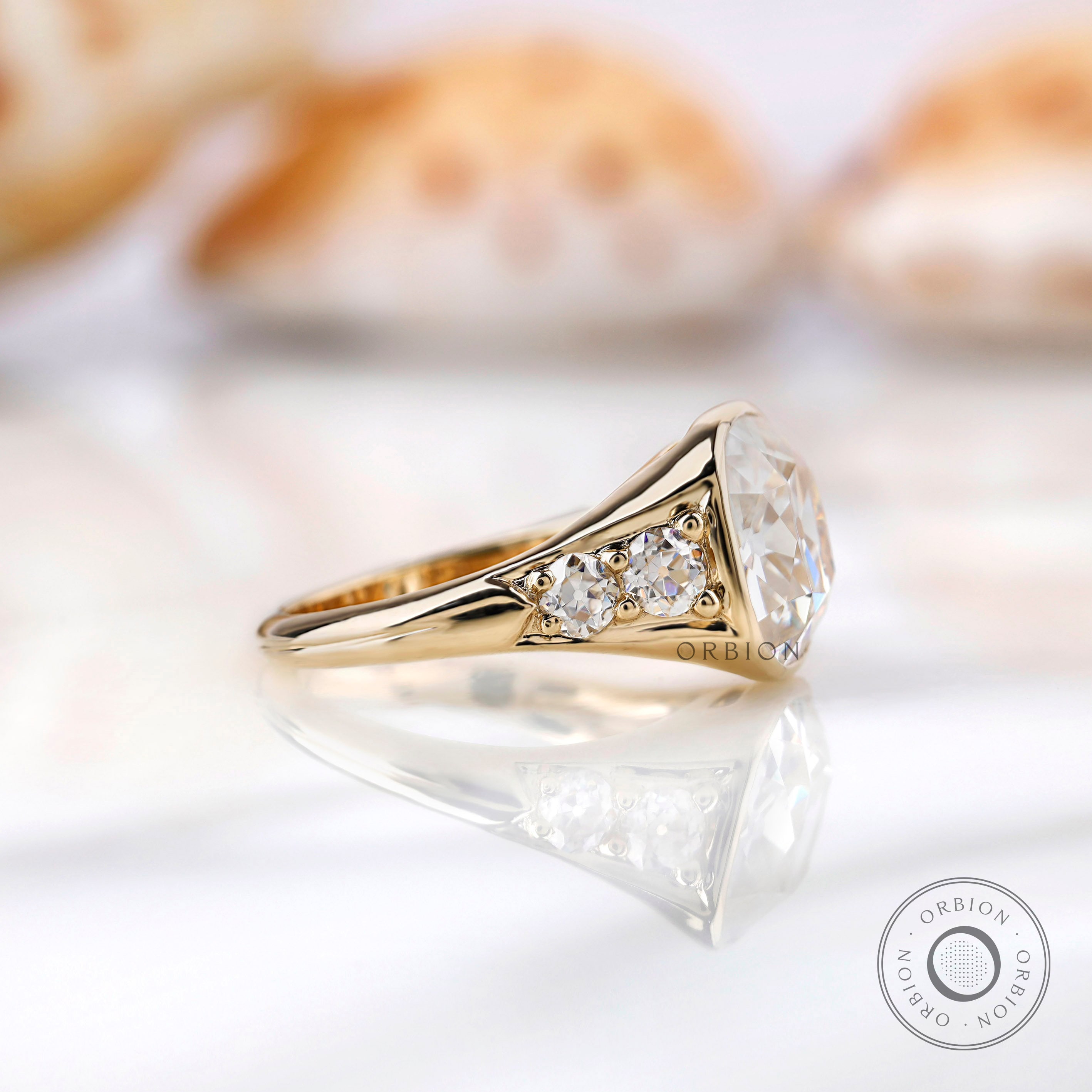 OMC Cushion Moissanite Bezel Engagement Ring Yellow Gold, Vintage Style ...